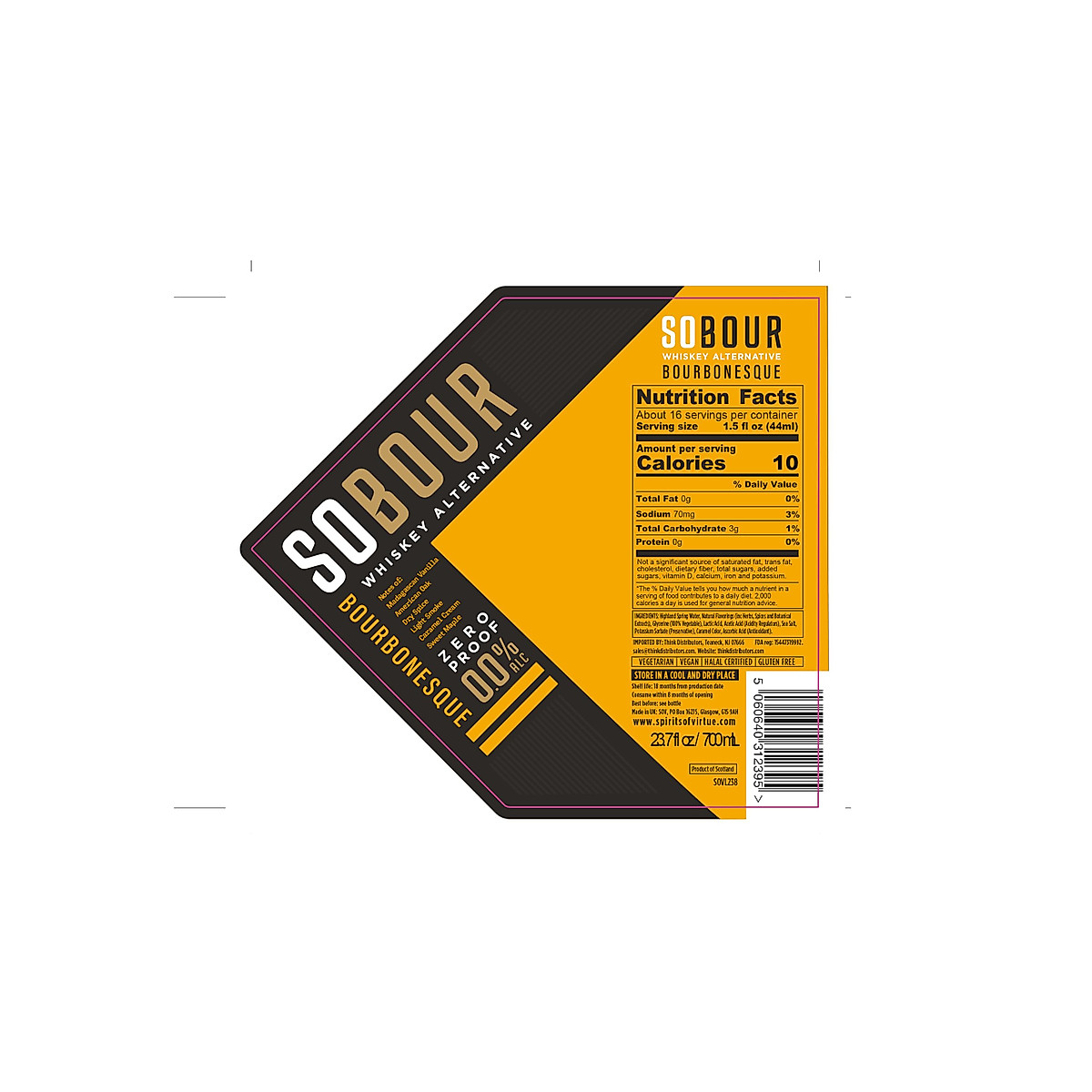 SOBOUR Bourbonesque Non Alcoholic Whiskey, Smooth and Indulgent Award Winning Non Alcoholic Spirits, 0.0% ABV. - Halal, Low Sugar, Vegan and Gluten Free, Part of the Spirits of Virtue Range (700ml)