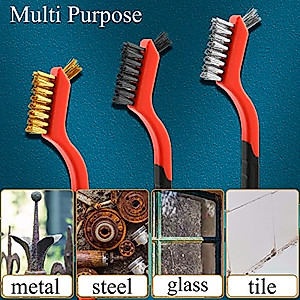 Wire Brush Set, 3 Pcs Stainless Steel/Brass/Nylon Wire Brushes for Cleaning with Curved Handle Grip for Rust Removal, Dirt, Paint Scrubbing(Red)