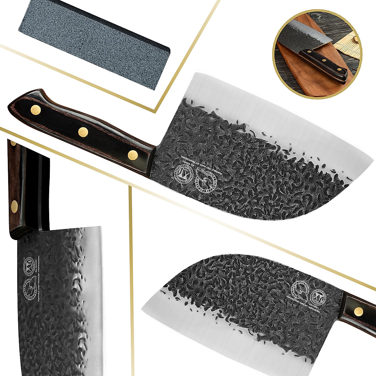 XYJ FULL TANG 7-inch Serbian Butcher Knife Multipurpose Chinese Chef Knives High Carbon Stainless Steel Meat Knives Heavy Duty Blade With Leather Sleeves For Home Outdoor &Camping