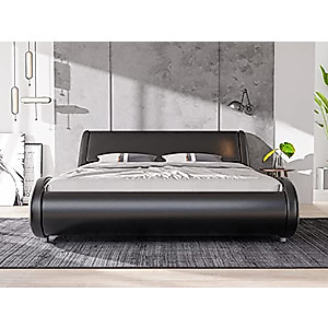 Einfach Queen Size Bed Frame with Ergonomic Adjustable Headboard, Faux Leather Upholstered Low Platform Bed with Curved Design, Sturdy Wooden Slats Support, No Box Spring Needed, Black