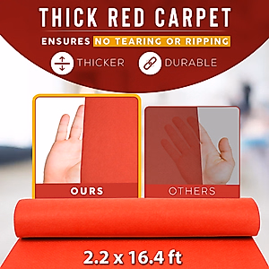 Red Carpet Runner for Party - Triple Thickness, Non-Slip Grip Dots - Felt Rug Party Decorations - Wedding Ceremony Aisle Runner, Hollywood Oscars Grammy Event Runway - 2.2x16.4 Feet