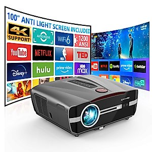 4K Projector Auto Focus HDR WiFi 6, Smart Daylight Projector 4K High Lumen 1200 ANSI LED 1080P Ultra HD Ceiling Mounted Home Theater Movie Gaming Indoor Outdoor with Bluetooth HDMI USB Ethernet Apps