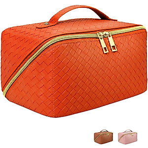 AURUZA Travel Cosmetic Bag,Large Capacity Makeup Bag With Handle and Divider Flat Lay Makeup Organizer Bag, Portable Toiletry Bag,Makeup Storage Bag,Makeup Brush Bag for Women (Orange)