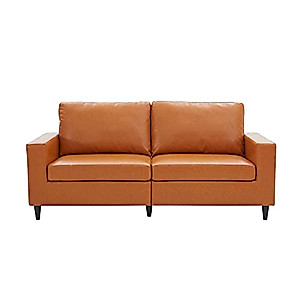 Cotoala PU Leather Sofa, Modern Upholstered 3 Seat Sectional Couch Furniture for Living Room, Home, Solid Frame and Wood Legs-Brown
