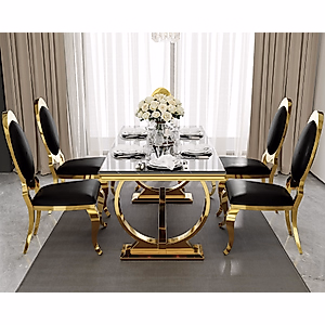 ACEDÉCOR Modern Dining Room Table with Gold Stainless Steel Metal U-Base in Black Gold