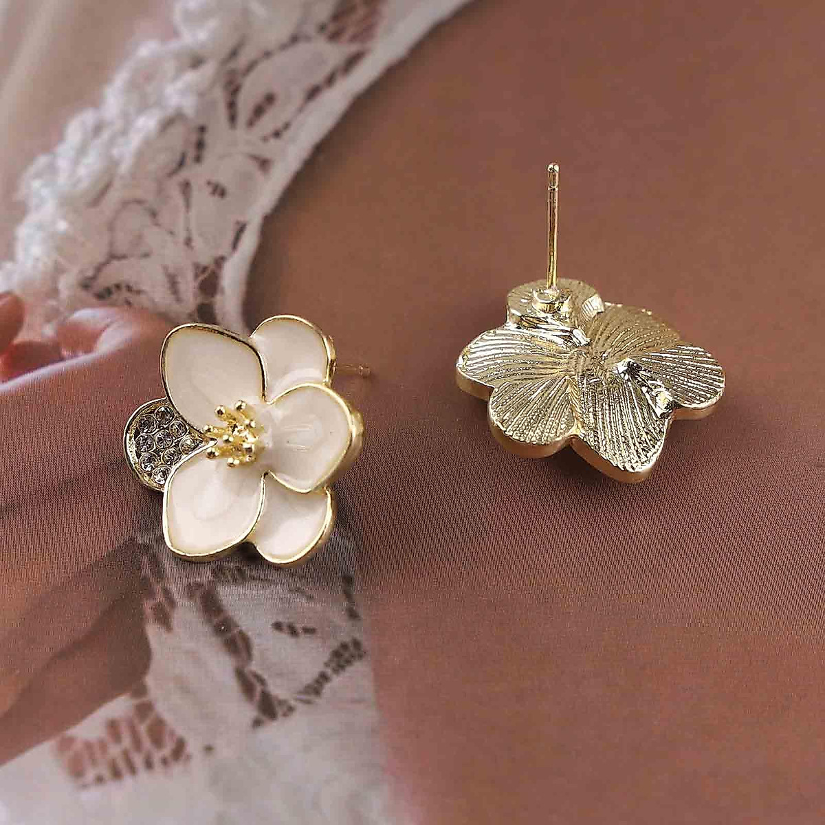 Sttiafay Vintage Enamel Flower Stud Earrings Camellia Flower Earrings Gold Crystal Flower Petal Earrings White Petal Stud Earrings Jewelry for Women and Girls