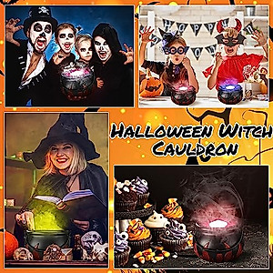Halloween Cauldron Mister 12 LED Fogger Mist Maker Witches Cauldron Witch Jar Atomizer Lamp Punch Bowl Candy Fire Flame Bucket Fogger Misting Cauldron Halloween Home Outdoor Party Decorations