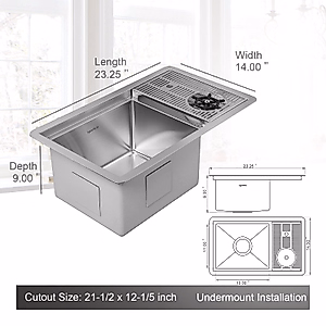 AguaStella AS1514XSS Bar Sink with Glass Rinser Stainless Steel Undermount Prep Kitchen Sink 23-1/4 x 14 Inches Single Bowl