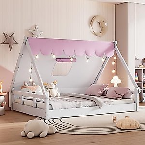 VilroCaz Wooden Full Size Tent Bed with Fabric for Kids Boys Girls, House Floor Bed Montessori Bed with Fence and Roof, Low Floor Bed Frame, Easy Assembly (Pink Fabric)