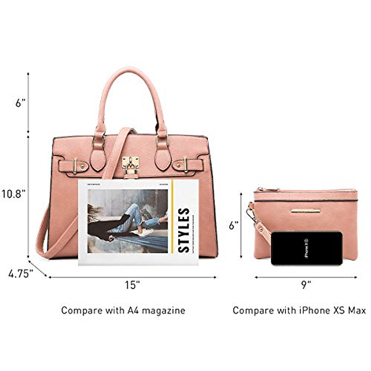 Women Purses and Handbags Ladies Large Tote Shoulder Bags Top handle Satchel with Pouch 2pcs (Pink)