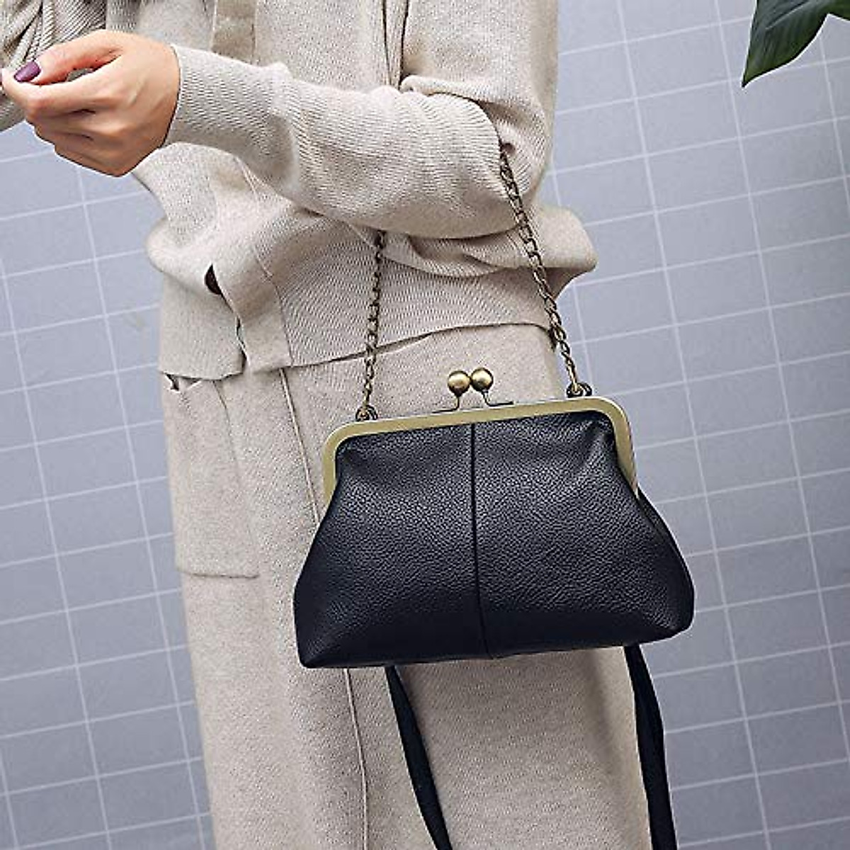 Abuyall Women Small Retro Purse Vintage Top Handle Handbag Kiss Lock Shoulder Bag Black