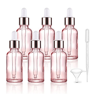 6 Pack,1Oz Pink Glass Dropper Bottle for Essential Oils,Empty Glass Eye Dropper Bottle Holder With Glass Reagent Pipette,Rose-Golden Caps Perfume Travel Vial Container-FREE Pipette,Funnel