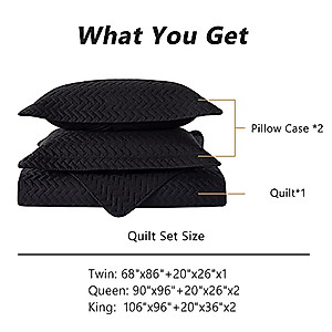DOWNCOOL Black King Quilt Bedding Set with 2 Pillow Cases - 3 Pieces King Size Quilt Set - Lightweight Soft Bedspread Coverlet Bed Cover for All Season - King Quilt Sets(106"x96")