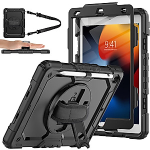 Sibeitu iPad 9th Generation Case 2021 10.2 Inch with Screen Protector & Kickstand, Protective iPad 7th 8th Gen Shockproof Case 2019 2020 Cover with Hand Shoulder Strap, Heavy Duty & Rugged, Black