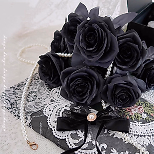 TUZAZO 10pcs Black Roses Artificial Flowers with Stems, Faux Silk Flowers Bridal Gothic Wedding Bouquet, Realistic Blossom Flora for Home, Office, Hotel Decorations