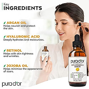PURA D'OR 20% Vitamin C Serum (4oz BEST VALUE) Lightweight Maximum Strength Formula, Hyaluronic Acid, Retinol, Professional Grade Treatment For Face & Eyes, Dark Spots, Acne, Wrinkles, For Men & Women