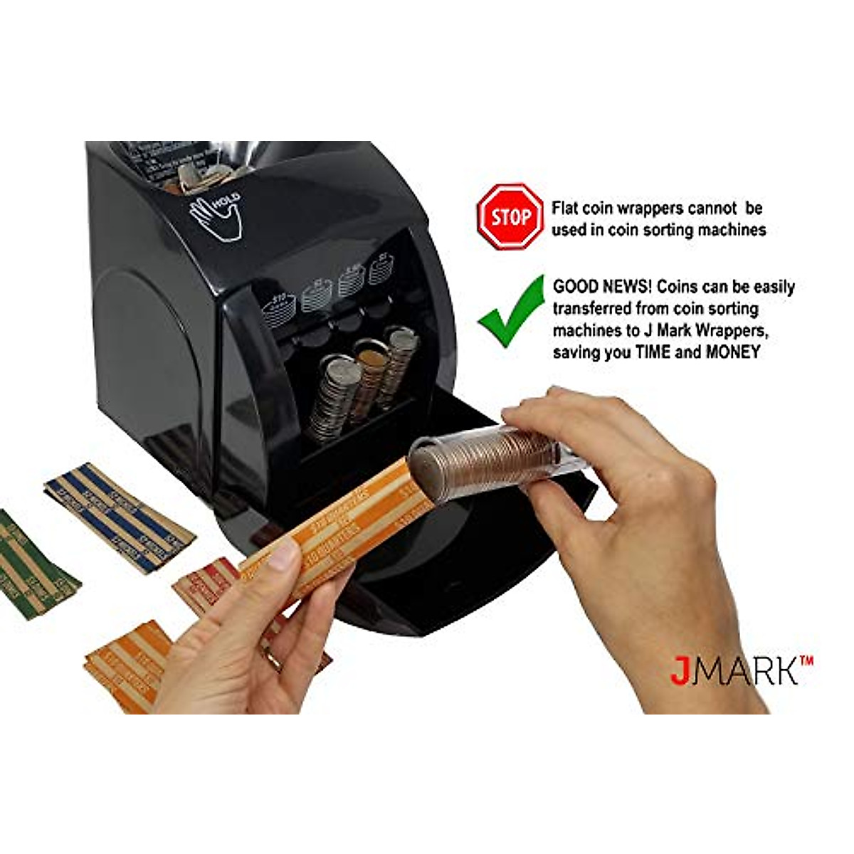 J Mark 400 Neatly-Packed Flat Coin Roll Wrappers Assorted, Made in USA, (Quarters, Dimes, Nickels, Pennies), ABA Striped Kraft Paper Coin Rolls Wrappers, Includes J Mark Deposit Slip