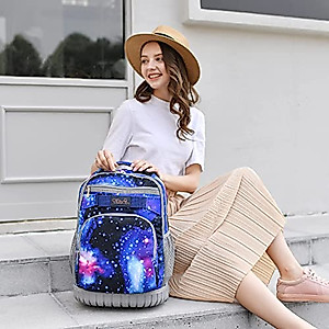 NEW TILAMI 18 Inch Rolling Backpack with Lunch Bag Wheeled Laptop Kids Backpack School Bags Trip Luggage, Deep Space