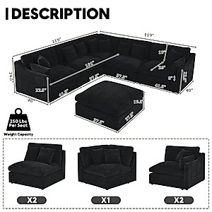 Yoglad Modern Oversized Modular Sectional Sofa Set with Down Feathers, L-Shaped Chenille Upholstered Couch with Ottoman and 10 Pillows for Living Room or Apartment (Black)