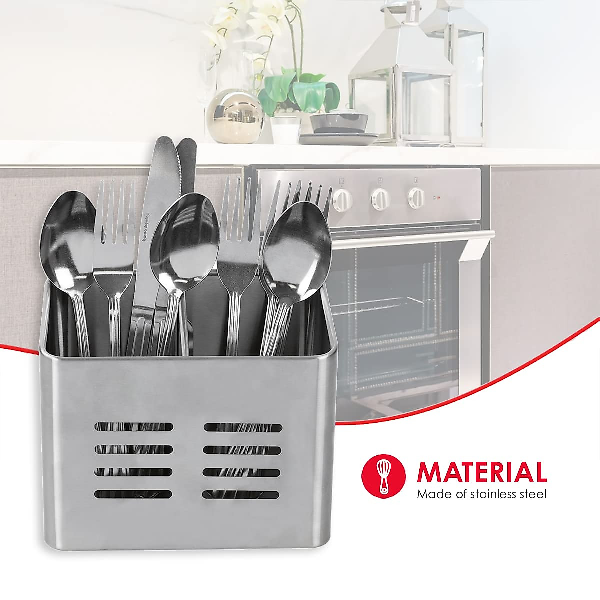 Home Basics Dual Compartment Stainless Steel Draining Cutlery/Utensil Holder Organizer, Free Standing, Kitchen Countertop, Silver (1)