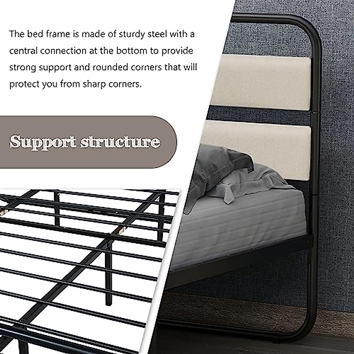 NNV King Bed Frame with Upholstered Linen Headboard and Footboard, Steel Slats Mattress Foundation Round Pipe Design, No Box Spring Needed, Beige