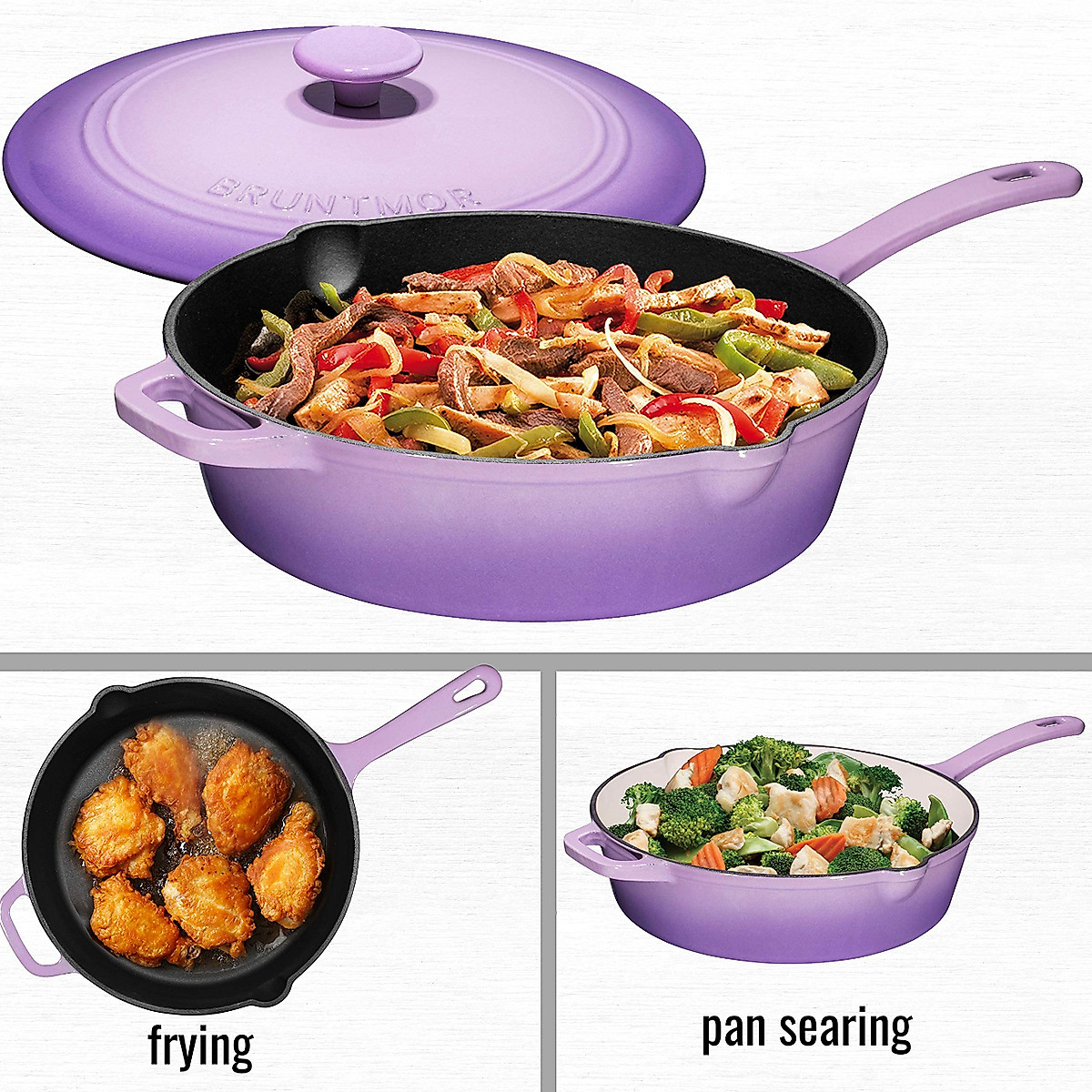 Bruntmor 5qt Purple Enameled Cast iron Skillets With Lid and handle, Non stick Cookware And Grill For Casserole Dish, 5 Quarts Grill Frying Pan,Saute pan,Bakeware