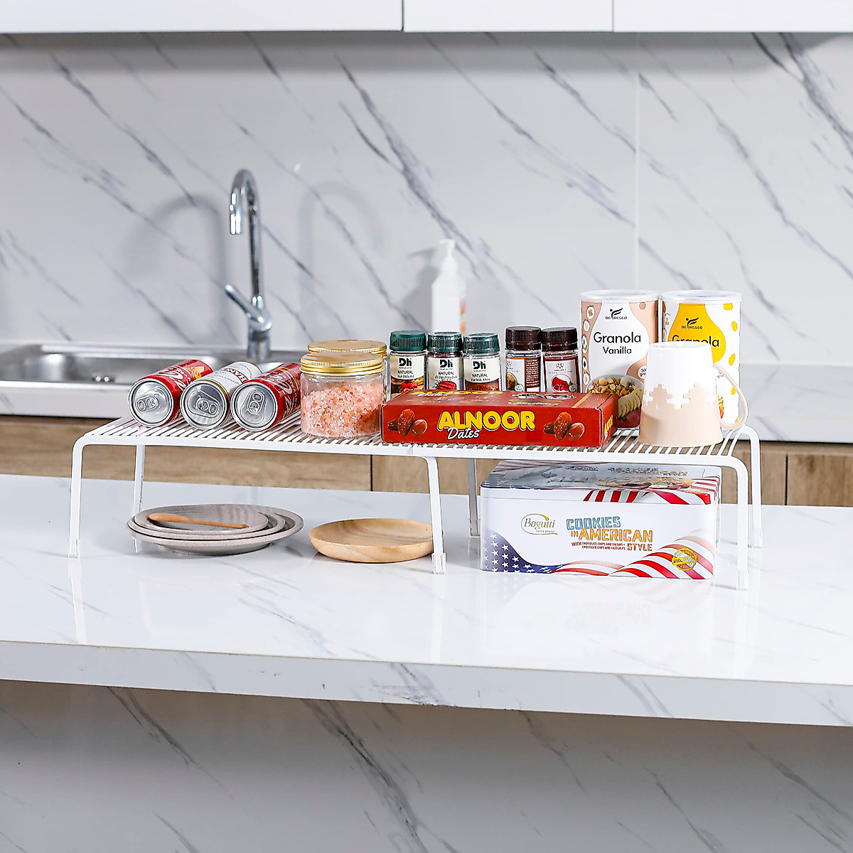 WIRESPIRIT - Expandable Shelf Organizer (2 Pieces) for Countertop, Cupboard, Cabinet, Pantry - Adjustable Kitchen Organization Shelf Rack - White