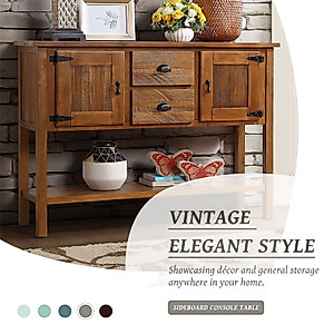 YWUFUART 48" Solid Wood Buffet Sideboard,Farmhouse Console Table with Bottom Shelf,Retro-Style Storage Cabinet for Entryway,Living Room,Dining Room,Kitchen,Brown