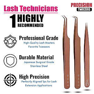 My Lash Tools - Fiber Tip Lash Tweezers for Eyelash Extensions Professional SET OF 3 Volume Boot, Isolation, & Curved Tweezers set Japanese Steel Lash Extension Supplies (Rose Gold)