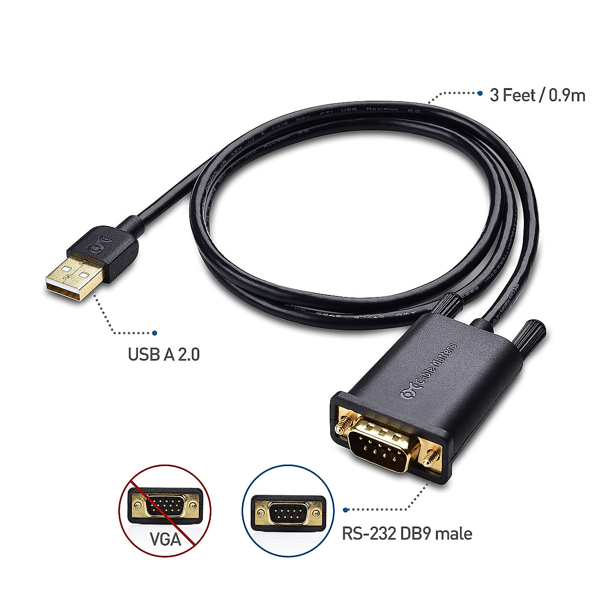 Cable Matters USB to Serial Adapter Male to Male Cable (RS232 to USB 2.0, Serial to USB, USB to DB9) 3 Feet, Support Windows 11/10/8/7/Vista/XP, macOS 11.0 or Later.