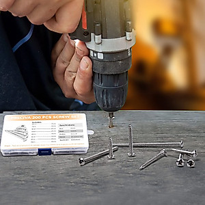 Self Tapping Screws, Preciva 304 Stainless Steel 200 PCS, 8 Sizes Round Head Phillips Drive Self Drilling Screw Assortment Kit for Metal Wood Furniture Electronic Products