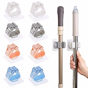 LZYMSZ 8PCS Mop Broom Holder, Self Adhesive Reusable Wall Mounted Storage Rack, 4 Colors No Drilling Broom Gripper Holder for Kitchen Bathroom Garden Laundry Door Wardrobe Garage Toilet