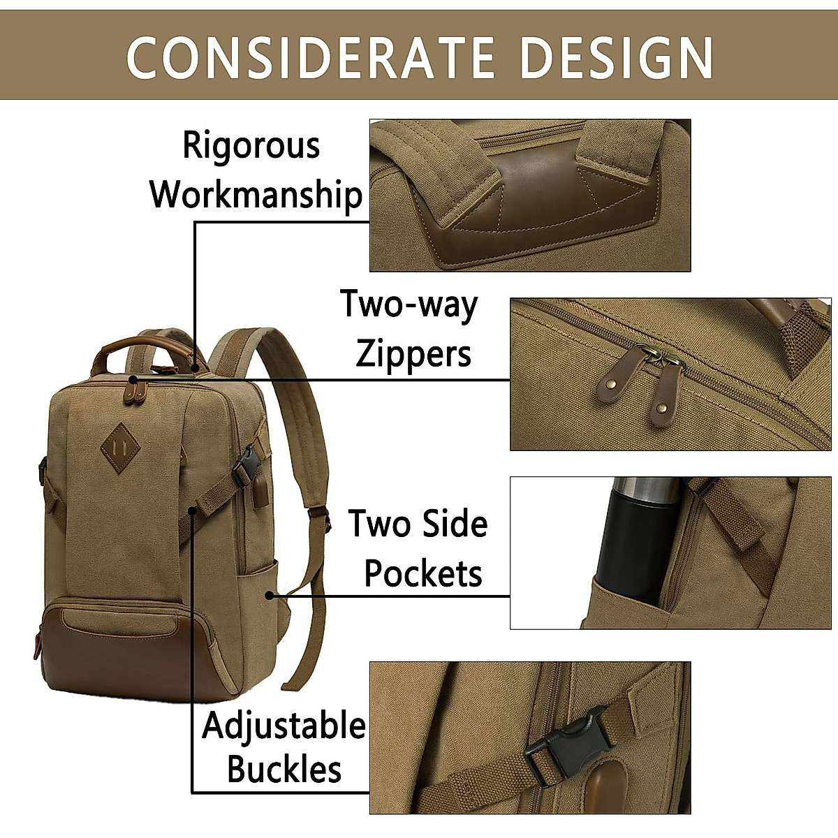 Kasqo Laptop Backpack 15.6 Inch Canvas Waterproof Anti Theft Business Travel College Computer Bag Carry on Bag with USB Charging Port for Women Men, Khaki