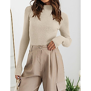 ZESICA Women's Fall Long Sleeve Turtleneck T Shirt Ribbed Knit Sweater Slim Fit Basic Casual Tee Tops,Almond,Medium