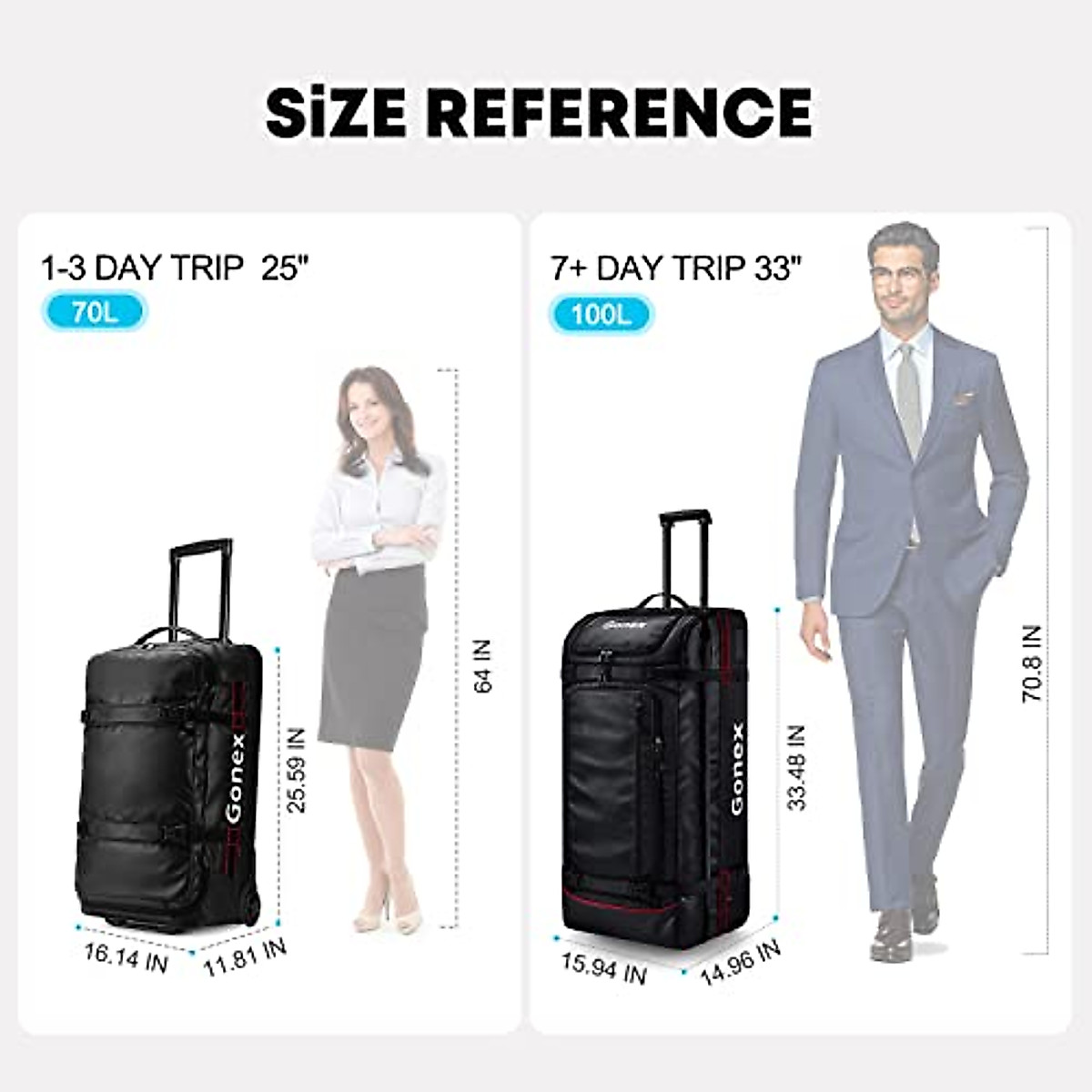 Gonex Rolling Duffle Bag with Wheels, 100L Water Repellent Large Wheeled Travel Duffel Luggage with Rollers 33 inch, Black