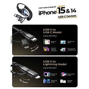 LISEN 90W iPhone 15 Car Charger, 45WPD+QC3.0 Fast Charging Cigarette Lighter USB Charger with 2-IN-1 Type C/Lightning Coiled Cable 5FT, Certified USB C Car Charger for iPhone 15 Pro Max 14/Samsung S23