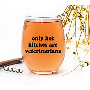 Only Hot Bitches are Veterinarians - Future Vet Graduation Gifts for Women Her - Best Veterinary School Student Present for Birthday Christmas Appreciation Day - 15 oz Stemless Wine Glass