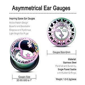 REELMAR 2Pcs Gauges for Ears Women Hollow Sun Moon Asymmetrical Plugs Single Flared Saddle Stretching Tunnels Expanders Stainless Steel Body Piercing Earrings 0G 00G to 1 Inch (10mm (00G), Rainbow)