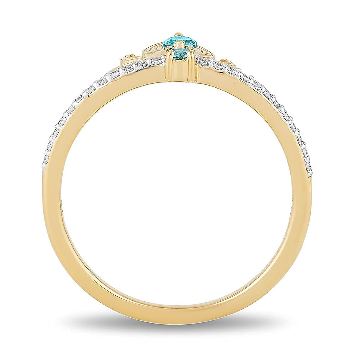 Jewelili Enchanted Disney Fine Jewelry 14K Yellow Gold Over Sterling Silver Round Swiss Blue Topaz and 1/10 Cttw Natural White Round Diamond Jasmine Ring, Size 7
