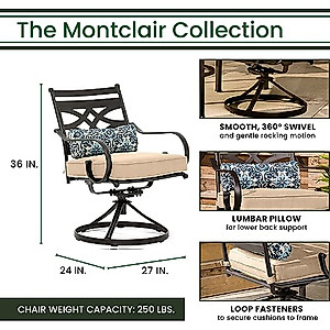 Hanover Montclair 3-Piece All-Weather Outdoor Patio Bistro Dining Set, 2 Swivel Rocker Chairs with Comfortable Seat and Lumbar Cushions, 27" Square Stamped Rectangle Table, Tan