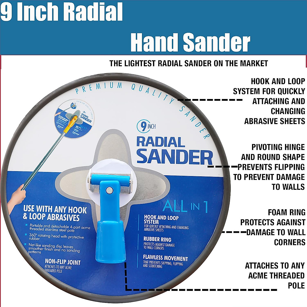 Tonmp 9 Inch Radial Hand Sander, 9" Hook and loop Hand Drywall Sander for Wall Cleaning and Polishing