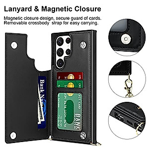 Vofolen Wallet Case for Samsung Galaxy S22 Ultra with Card Holder Lanyard Neck Crossbody Detachable Strap Zipper Purse Square Flip Slim PU Leather Double Magnetic Clasp Kickstand Cover 6.8 inch Black