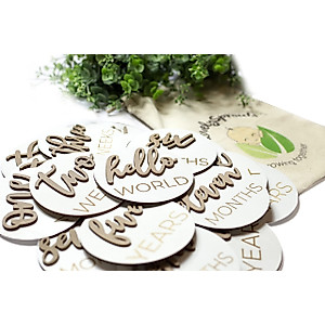 Wooden 3D Monthly Milestone Discs for Baby Photos (20 pcs Set), First Year Monthly Milestone Marker, Includes 1-5 Years, White Stained