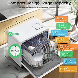 BLITZHOME Countertop Portable Dishwasher, 9 Programs, 167℉ High-Temp, 360° 3 Spray, 24H Timing, Hot Air Drying, Air Refresh, Baby-Care, LED Light, 5.2L Built-in Water Tank for Apartments RVs