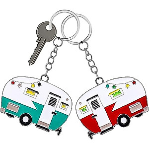 TrustBlai 2 Pack Camper Keychain Set Happy RV Camper Keyring Couples Camping Accessories for Men Women Camper Travel Trailers (red+green)