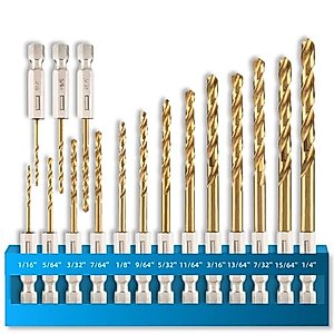ARESMRO Hex Shank Drill Bit Set (13Pcs Set+3 Pcs Free), Premium 4341 HSS Titanium Impact Hex Drill Bits for Wood, Steel, Metal, Plastic, Quick Change Design (1/16-1/4)