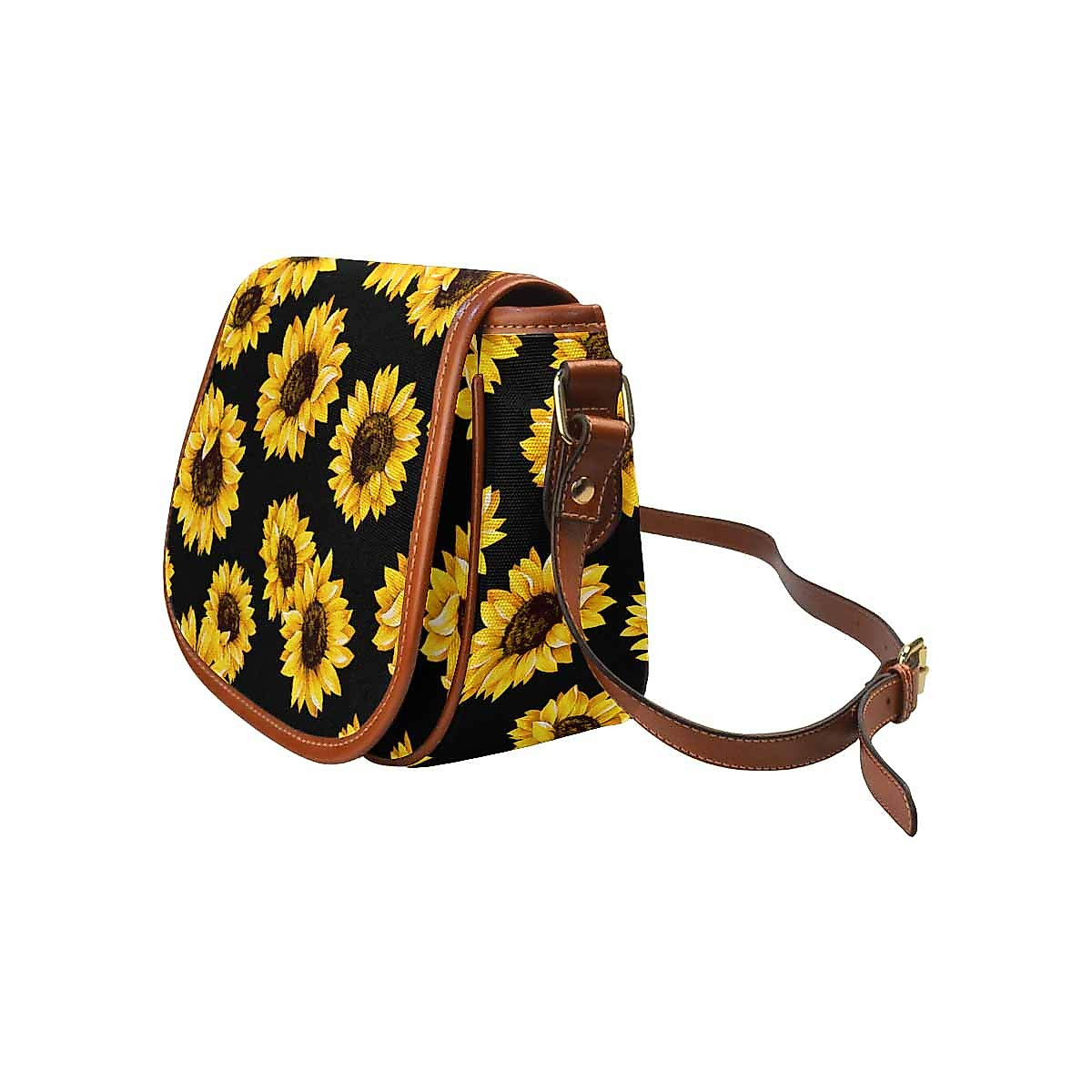 InterestPrint Sun-flower Pattern on Black Women Crossbody Bag Saddle Shoulder Bag Small Purse Satchel