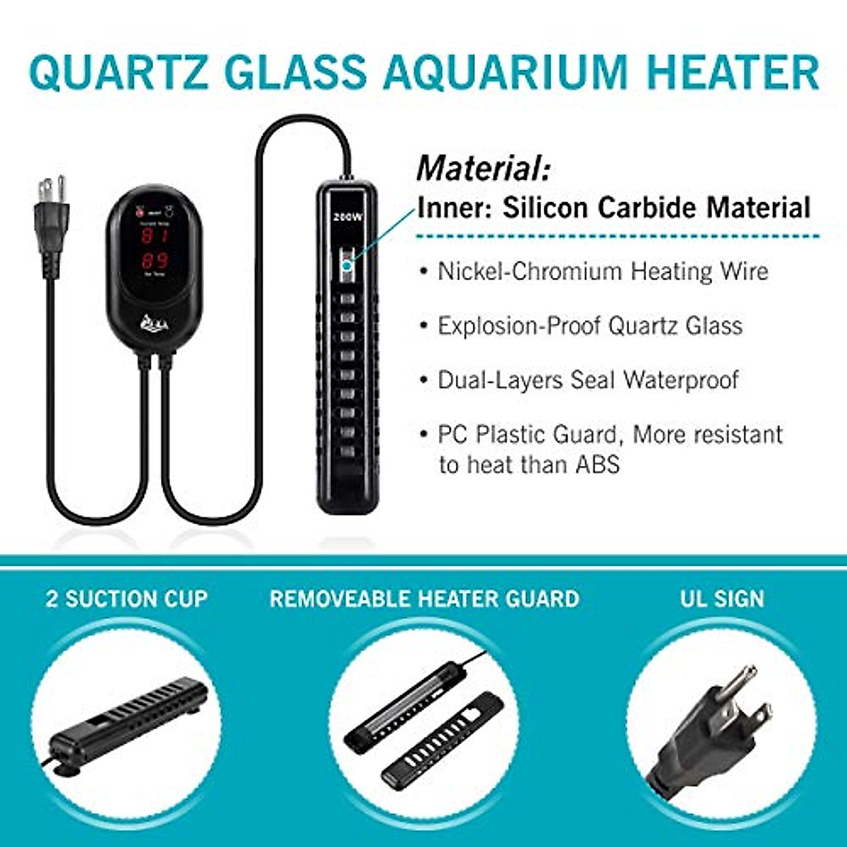 AQQA Aquarium Heater 200W for 45-80 Gallon Submersible Fish Tank Heater for Aquarium Betta Fish Heater Aquarium Thermostat Heater Freshwater and Saltwater (200W for 45-80 Gal)
