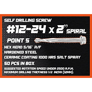 SUNKIN Self Drilling Screw for Metal Tek Screws Hex Head, Ceramic Coated, Drill Up to 1/2 Inches Mild Steel, 50 Counts | Ideal for Attach Thick Metal and Hard Wood (#12 x 2 inch)
