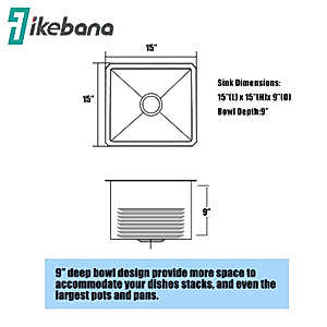 IKEBANA Undermount Bar Sink,15 x 15 Inch 18 Gauge Single Bowl Small Wet Bar Sink, Brushed Nickel Stainless Steel Prep Rv Kitchen Sink with Bottom Grid and Strainer